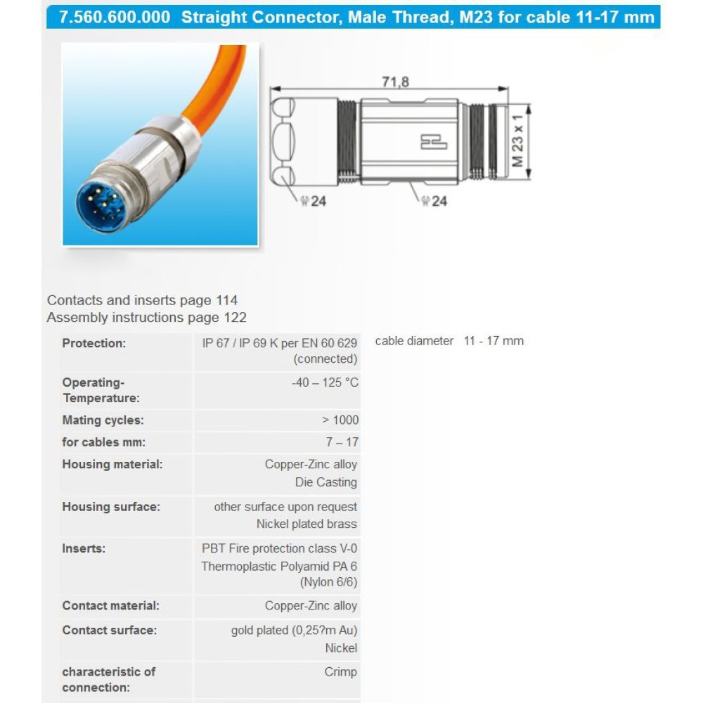 M23 Power Cable Connector Male (Housing/Insert/Contacts)