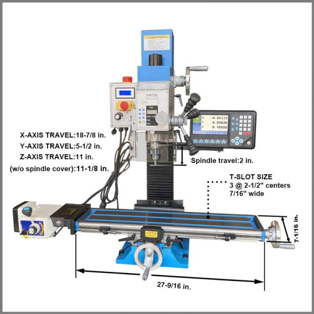 VM25L-DP 7" x 27" Benchtop Milling Machine Variable Speed 100-2250 RPM ...
