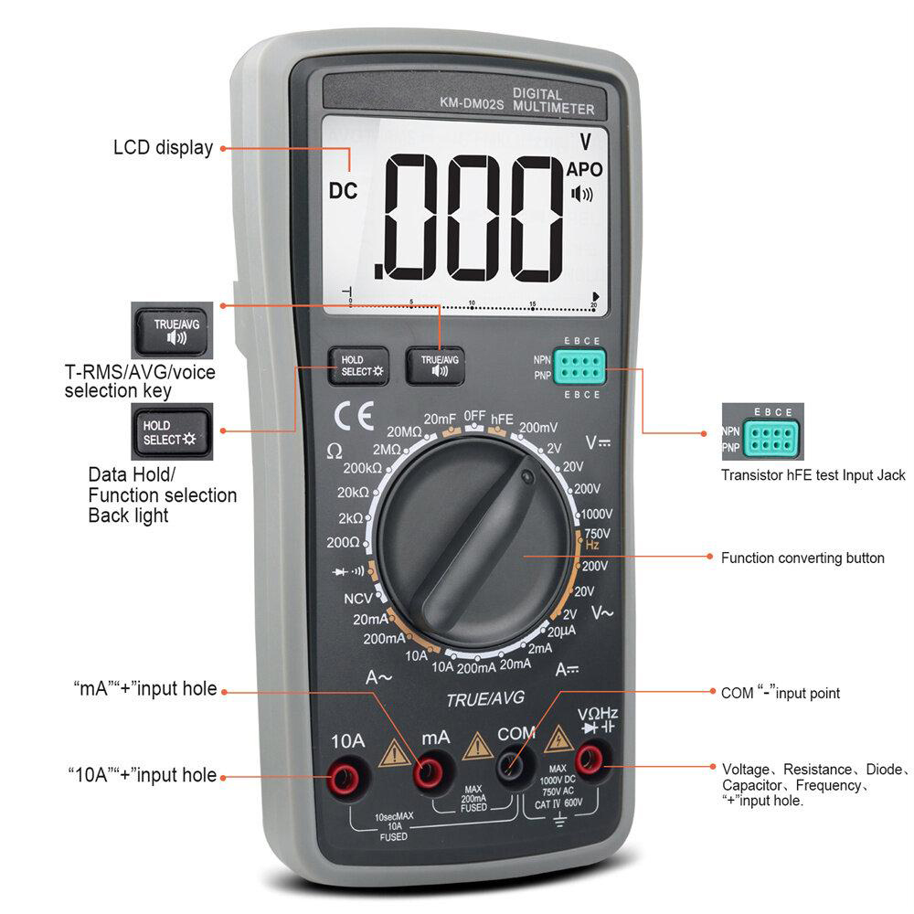KM-DM02S Digital Multimeter with Voice Broadcast True RMS Measurement ...