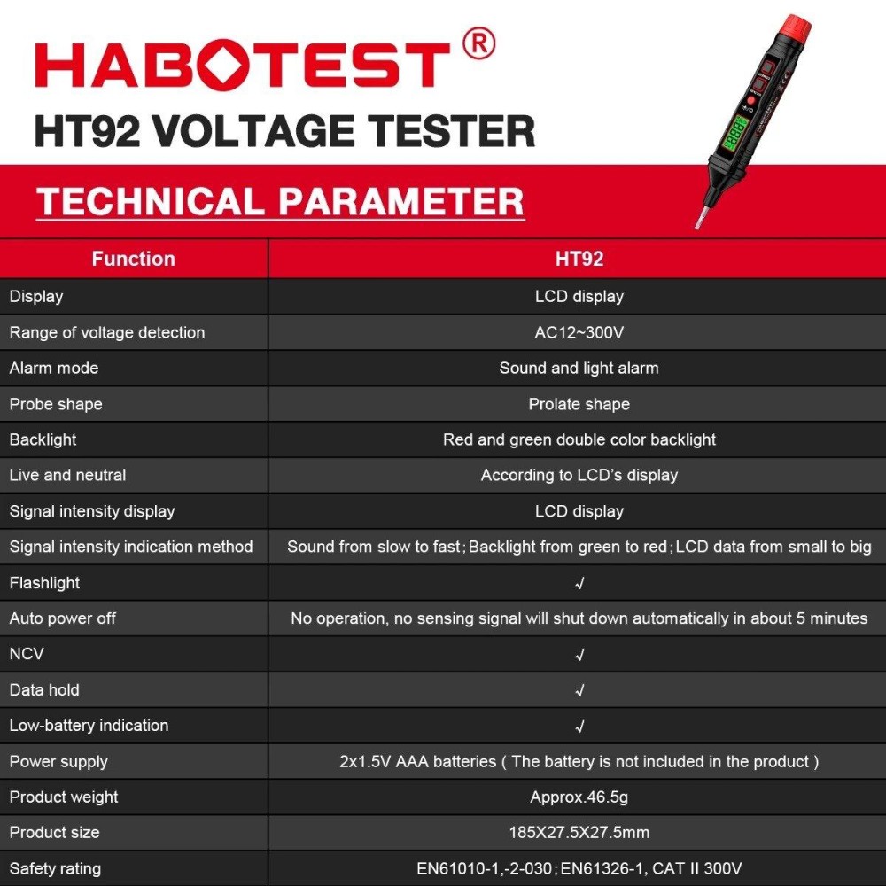 HT92 Pen Type Voltage Tester AC12-300V Indicator Backlight