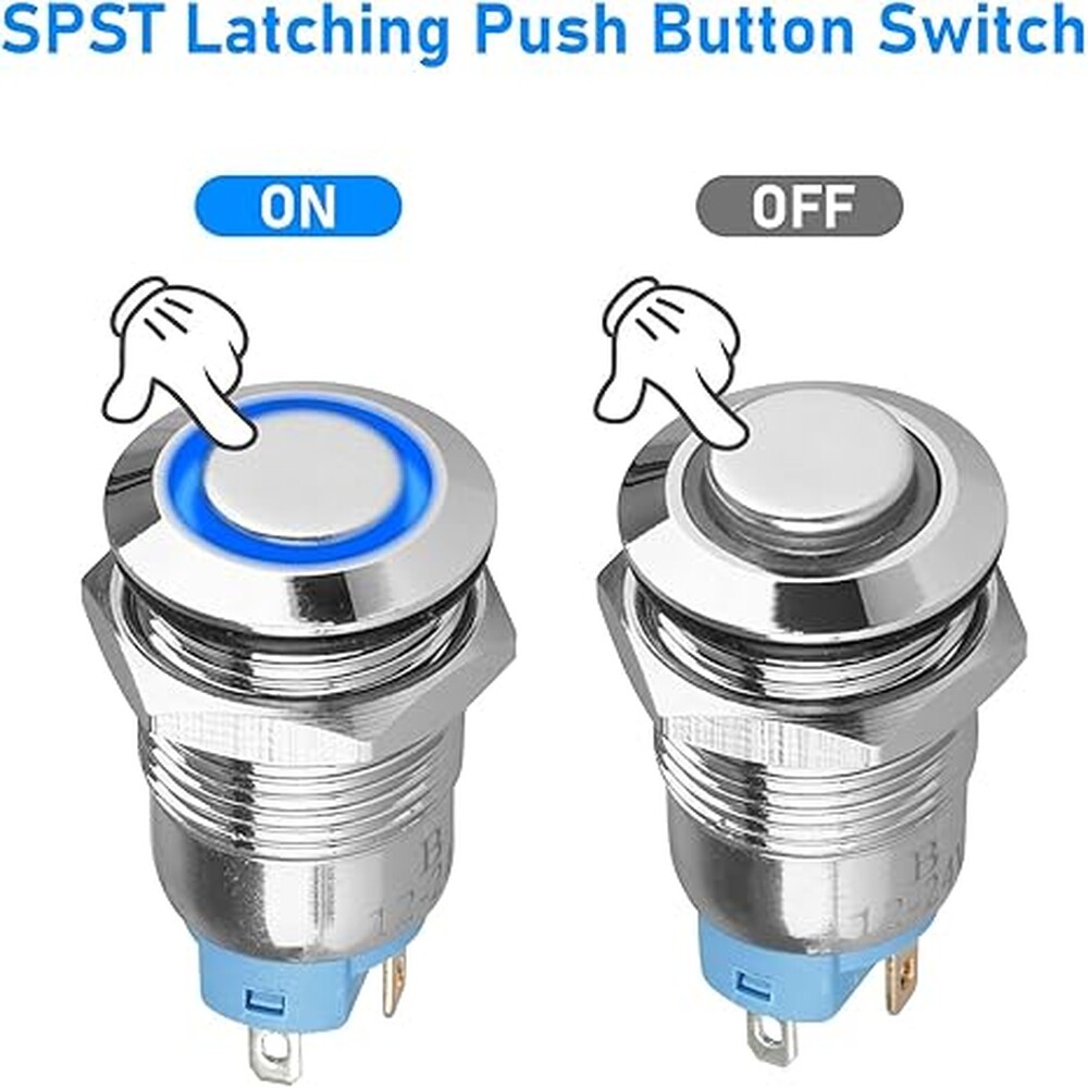 SOCOJE 12V DC 5A Latching Push Button Switch With Blue LED For Devices ...