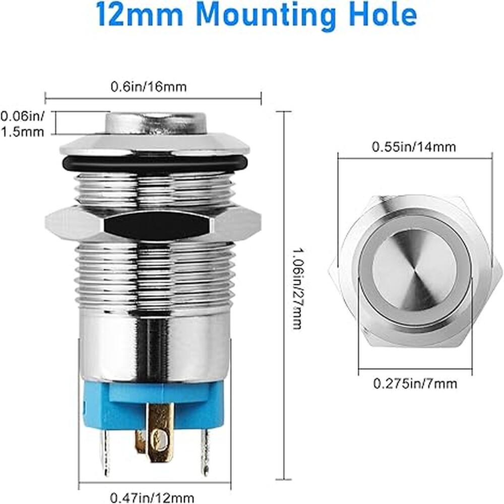 SOCOJE 12V DC 5A Latching Push Button Switch With Blue LED For Devices ...