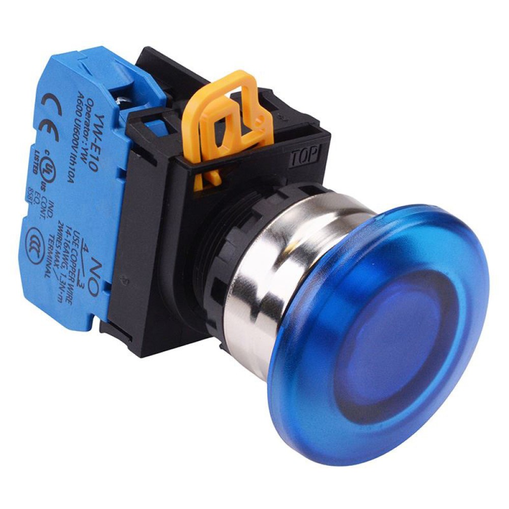 Blue 12V illuminated 22mm Metal Bezel Mushroom Maintained Push Button ...