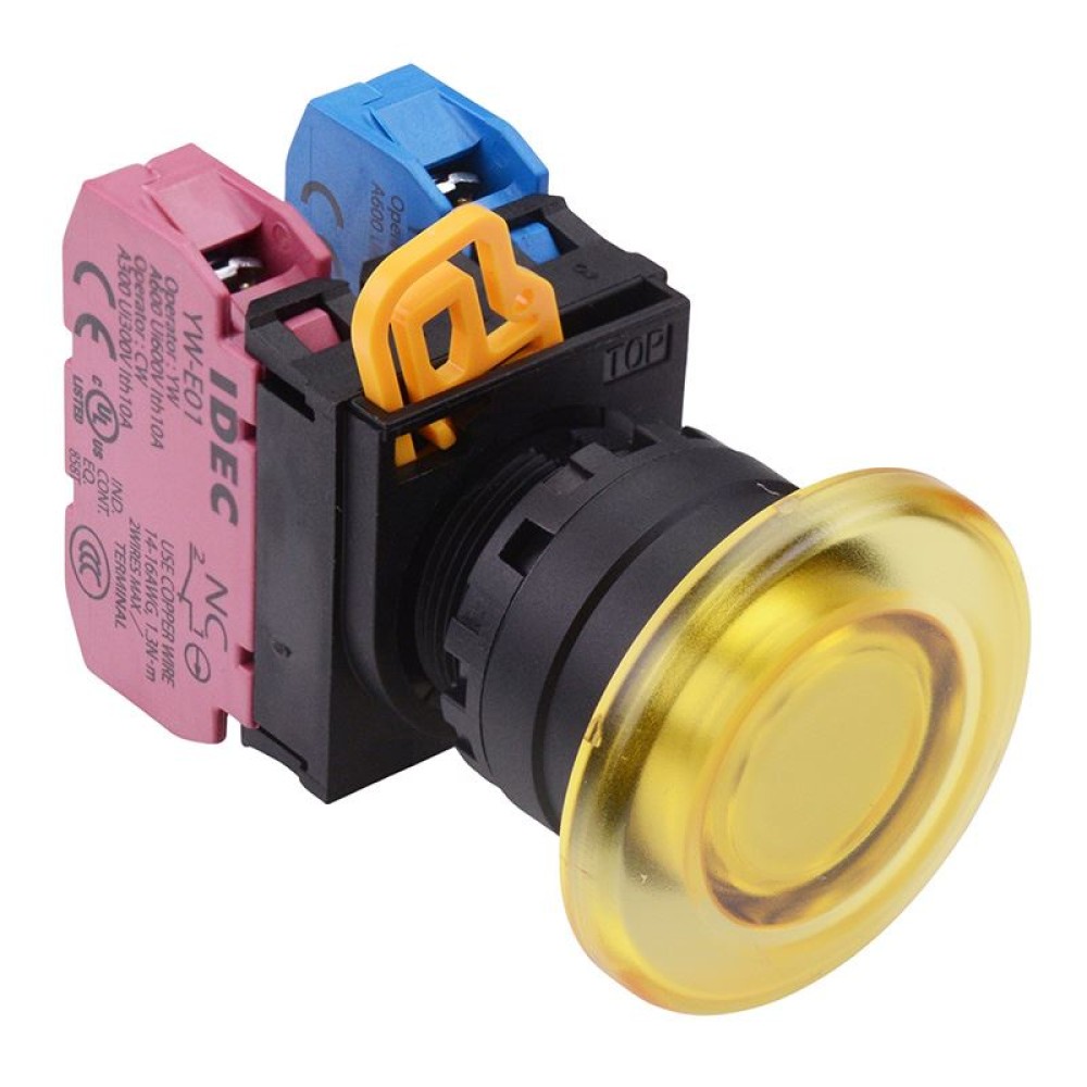 Yellow 22mm Mushroom Maintained Push Button Switch 1NO-1NC