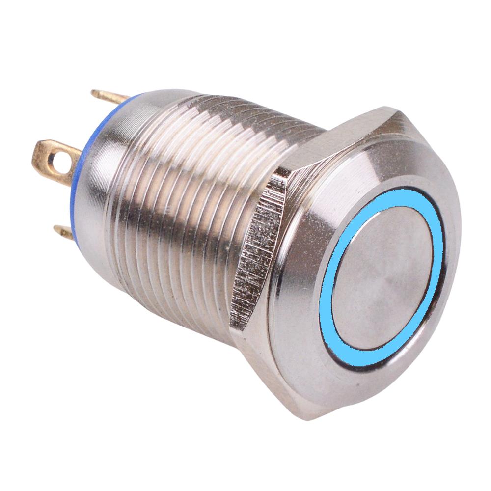 Blue LED Off-(On) Momentary 12mm Vandal Resistant Push Button Switch SPST