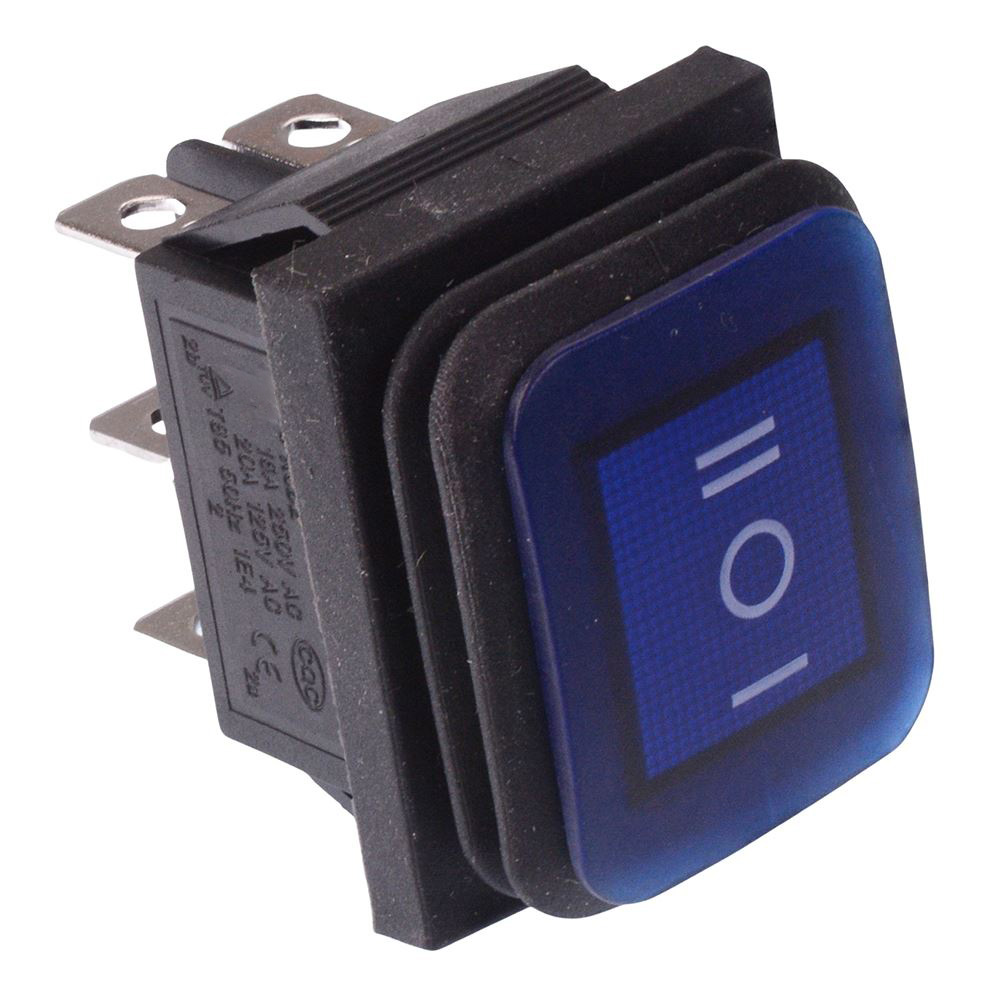 Blue Illuminated On-Off-On Waterproof Rocker Switch 20A DPDT