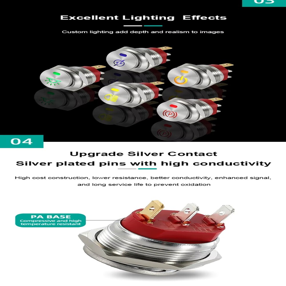 22mm High Current 20A Metal Round Rocker Switches 12-24V LED Metal Push ...